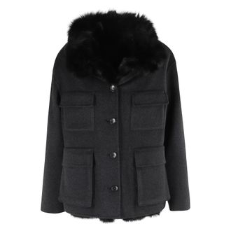 Seventy Femme, Vestes, Gris, Taille: 40 FR Manteau en Laine Anthracite avec Col en Fausse Fourrure