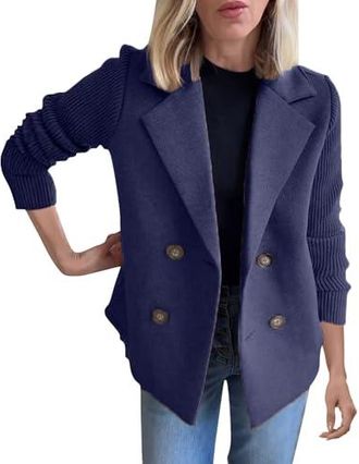 Generic Manteau d&eacute;contract&eacute; &agrave; manches patchwork &agrave; revers pour femme - Manteau court &agrave; double boutonnage pour femme - Veste l&eacute;g&egrave;re et chaude, bleu, 5XL