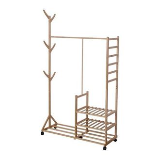 Relaxdays Kleiderst&auml;nder, Bambus, 4 Ablagen, Kleiderstange, 6 Haken, HxBxT: 176 x 100 x 38 cm, Rollgarderobe, Natur