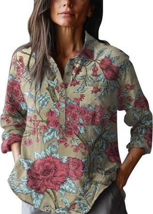 Generico Chemise Femme &Eacute;l&eacute;gant &agrave; Manches Longues T Shirt Coton Et Lin Curvy Grande Taille Chemises Col en V Doux Blouse Vintage Fantaisie avec Boutons Classiqu