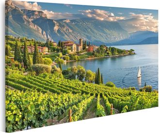 Islandburner Bild auf Leinwand Segelboot auf dem Gardasee mit Weinbergen und Bergen für Wohnzimmer Naturliebhaber Restaurant Bilder Wandbilder Poster