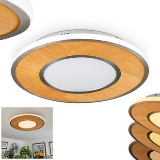 HOFSTEIN LED Deckenleuchte Chrop, dimmbare Deckenlampe aus Metall/Kunststoff in Nickel-matt/Holzoptik/Braun/Weiß, dimmbar über Lichtschalter, Ø 50 cm, 37 Watt,