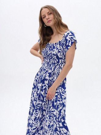 Passioni Sommerkleid Gesmoktes Kleid mit Bl&auml;tterprint Maxikleid mit Wei&szlig;-Blauem Muster