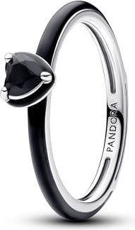 Pandora Pandora ME Bague Coeur en argent sterling avec cristal noir et émail noir, taille 56