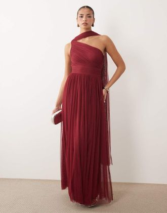 Lace & Beads Robe longue et asym&eacute;trique de demoiselle dhonneur en tulle avec taille ajust&eacute;e et encolure carr&eacute;e - Framboise-Rose