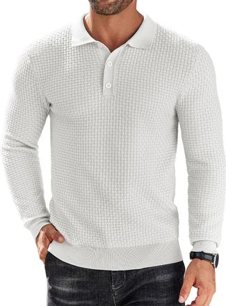 Coofandy Herren Poloshirt Langarm Strick Polo Winterullover mit Knopfleiste Waffeloptik Casual D&uuml;nn Slim Fit Pulli Wei&szlig; 3XL