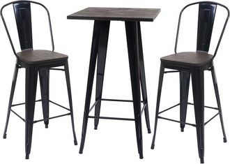 Hhg Set Stehtisch + 2x Barhocker HHG 407 inkl. Holz-Tischplatte, Barstuhl Bartisch, Metall Industriedesign, mvg schwarz