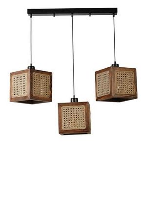 Opviq Elegant Chandelier with FIR Wood Body & Natural Rattan Cap, Adjustable Height 70 cm, E27 Socket, 18 cm Diameter | Stylish Walnut & Rattan Design for M