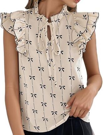 Generic Tee Shirt Femme sans Manches, Haut à Imprimé Floral Blouse Chic Et élégant Volants avec Creux Lacets Top Coupe Ajustée des Tendance Confortables Chemi