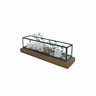 Loberon Windlicht Curgy - Stilvoller Stahl-Rahmen mit Glas, Tannenholzfuß, Vielseitig, 44.5x13 cm, braun/klar