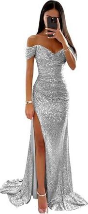 Generic Robe de bal &agrave; paillettes scintillantes - Longue sir&egrave;ne - Robe de soir&eacute;e formelle &agrave; &eacute;paules d&eacute;nud&eacute;es - Avec fente, Argent (Silver), XS