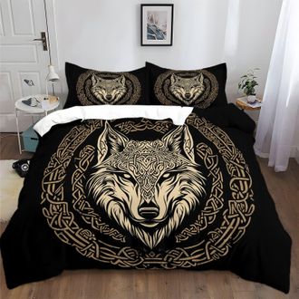 Generic Schwarzes Wolfskopf-Wikinger-Totem Bettwäsche-Sets 135x200 cm Schwarz Bettwäsche Jungen Mädchen Weich Atmungsaktiv Microfaser Betten Set mit Reißversc