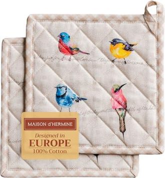 Maison d'Hermine Birdies on Wire Lot de 2 maniques, 100% Coton, pour Barbecue, Cuisson, Four, Micro-Ondes, grillades, Printemps/&eacute;t&eacute;, P&acirc;ques, (20cm x 20cm)