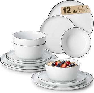 Malacasa Geschirrset 4 Personen, 12-teiliges Porzellan Tafelservice in Wei&szlig; mit schwarzem Rand, Geschirr set aus 4x Dinnerteller, 4x Dessertteller, 4x M&uuml;slisch