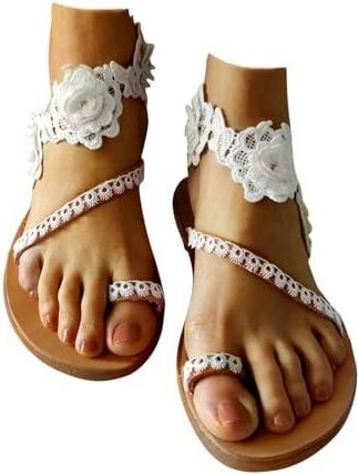 Generic Sandales plates avec strass pour femme, style bohème 2026, avec fleur et perles, sangle de cheville, anneau dorteil, tendance, décontracté, confortabl