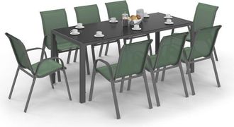 IDMarket Salon de jardin MADRID table 190 cm et 8 chaises empilables vert olive