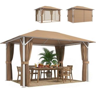 OUTSUNNY Tonnelle de jardin - pavillon - structure stable en m&eacute;tal 60mm UV50+ et 10 trous de drainage - polyester - 394x294x255cm - khaki