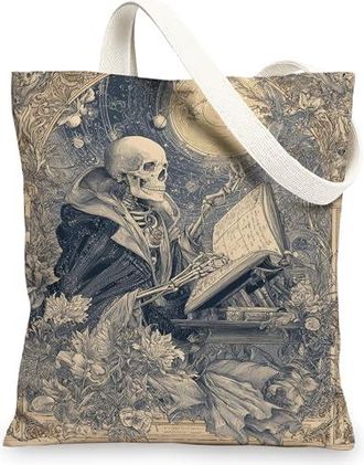 Generic Sac fourre-tout en toile motif squelette gothique, vintage, motif crâne, sacs de courses réutilisables, légers et lavables, beige, 13x15 Inch