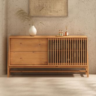 IDIMEX Sideboard Adamo 145 cm aus Massivholz, Eiche Finish - Kommode mit markanter Lamellenschiebet&uuml;r, Wohnzimmer M&ouml;bel mit 2 Schubladen, Anrichte mit verste