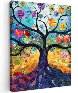 MuchoWow © Impression sur Toile Peinture 50x70 cm Tableau Mural Decoration Salon Reproductions de Tableaux Murale Moderne Art - Arbre de vie - Fleurs - Hippie