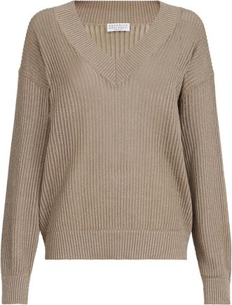 Brunello Cucinelli Femme, Pulls, Brun, Taille: 38 FR Pull Col V en Maille C&ocirc;tel&eacute;e