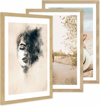 Photolini Bilderrahmen 40x60 Eiche Holz, 3er Set breite 40x60 cm Bilderrahmen mit bruchsicheres Acrylglas, Rahmen 60x40 Eiche zum Aufhängen & Zubehör - Fotorahm