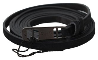 Costume National Womens Black Leather Skinny Logo Buckle Belt