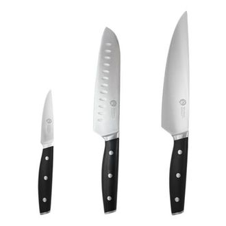 Masterchef Couteaux de Cuisine Professionnelle, avec Cuchillo Chef, Santoku y Tomate en Inox Haute Teneur en Carbone, Poignées Triples Rivetées, Pleine Longueur 
