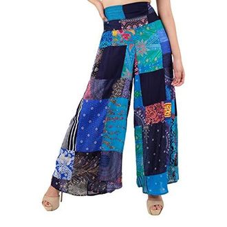 Lofbaz Femmes Patchwork Jambe Large Palazzo Pantalon Yoga Salon Hippie Harem Pantalon Fluide Juniors Dames Voyage vêtements de Plage Patchwork Bleu 3XL