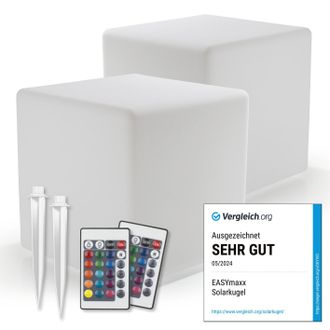 Easymaxx LED Solarleuchte mit Fernbedienung | 2 kaltweiße Leuchten - Würfel mit Solarbetrieb & Farbwechsel | dimmbare Helligkeitsstufen, 12 Farben & 5 Leuchtmo