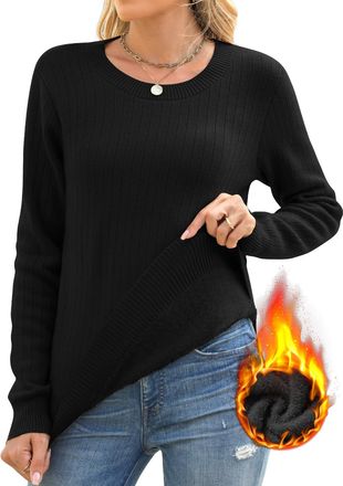 Heekpek Damen Pullover Rundhalsausschnitt Fleece Strickpullover Damen Herbst Winter Warm Winterpullover Elegant Dicker Pullover Mit Fleece, Schwarz, XL