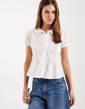 Motel Linde - Blouse &agrave; col et ourlet &agrave; basque - Blanc