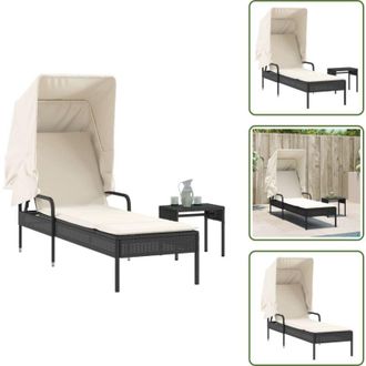 vidaXL The Living Store Sonnenliege mit Dach und Tisch Schwarz Poly Rattan - Sonnenliege mit Dach