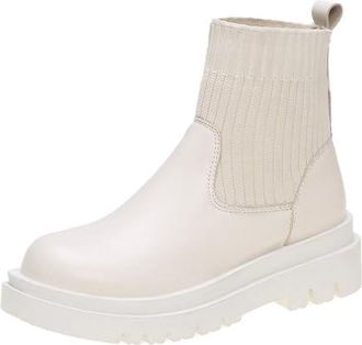 Generic Bottines Femme Elegant Plates Bout Rond Cuir Patchwork Tricot&eacute; Extensible Chaussette Bottes Courtes &Agrave; Enfiler Semelle &Eacute;paisse Antid&eacute;rapante L&eacute;g&egrave;res Ch