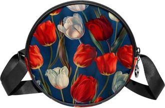Generic Sac &agrave; bandouli&egrave;re Circle pour femme, petit sac &agrave; bandouli&egrave;re tulipe rouge et blanc, sac &agrave; dos &agrave; bandouli&egrave;re r&eacute;glable avec fermeture &eacute;clair, sac &agrave; main