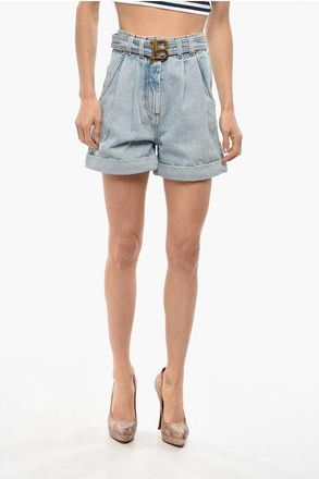 Balmain Light Washed Denim Shorts with Belt Gr&ouml;&szlig;e 38