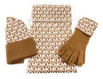 Michael Kors SET I Schal/M&uuml;tze/Handschuhe I Hat/Scarf/Gloves I Weiche Acrylwolle I Michael Kors Logo I Goldener Geschenkkarton I (Braun)
