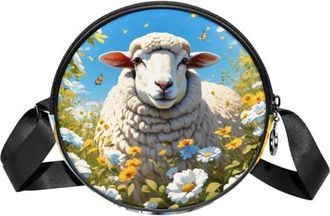 Generic Sac &agrave; bandouli&egrave;re rond pour femme, motif fleur de mouton, petit sac &agrave; bandouli&egrave;re avec fermeture &eacute;clair, bretelles r&eacute;glables, sac &agrave; main rond d&eacute;contra