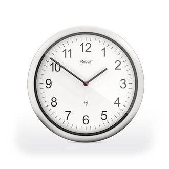 Mebus Funk-Wanduhr, 26 cm, lautlos, silberner Rahmen, weißes Zifferblatt, Modell 19809 - Gut lesbar und stilvoll