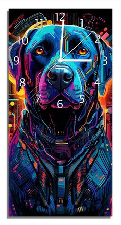 Wallario Design-Wanduhr, Acrylglasuhr Größe 30 x 60 cm, weiße Zeiger, Motiv Cyber-Labrador