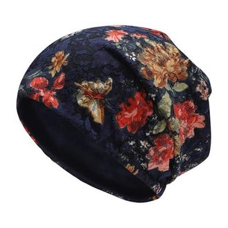 ZLYC Bonnet dhiver pour Femme avec Motif t&ecirc;te de Mort et Fleur Vintage, Fleur et Papillon Bleu Marine, Taille Unique