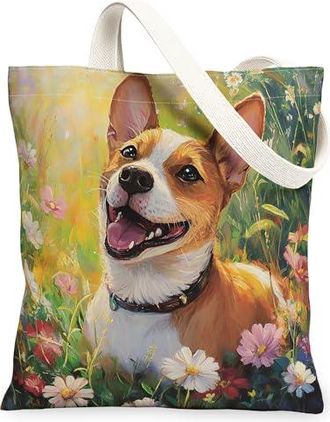 Generic Sac fourre-tout en toile motif chien Basenji printanier 33 x 38,1 cm, motif fleurs color&eacute;es, sac d&eacute;picerie r&eacute;utilisable pour femme, peinture danimaux 