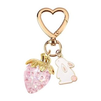 Generic Porte-cl&eacute;s lapin fraise mignon pour femme, anneau en alliage tendance avec breloque florale, id&eacute;al pour sacs, cl&eacute;s et accessoires de t&eacute;l&eacute;phone (6.8X2.