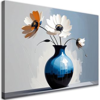 Feeby Quadro Su Tela, Fiori Bianchi In Un Vaso Blu - 45x30
