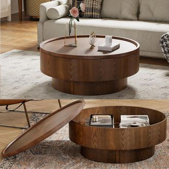 Generic Runder Couchtisch mit Stauraum f&uuml;rs Wohnzimmer, moderner runder Beistelltisch im Landhausstil mit Trommelfu&szlig;, Wohnzimmerm&ouml;bel f&uuml;r kleine Wohnungen,A