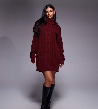 KAIIA Exclusive - Pulloverkleid aus Rippstrick in Burgunderrot mit lockerem Schnitt und Rollkragen