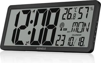 Kienzle Horloge murale num&eacute;rique radio-pilot&eacute;e XXL avec affichage de la temp&eacute;rature, de lhumidit&eacute;, de la fonction r&eacute;veil, date, format 12/24 h, &agrave; piles, argen