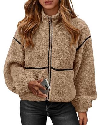 Generic Veste polaire pour femme, veste dhiver surdimensionn&eacute;e &agrave; fermeture &eacute;clair, manteau dhiver d&eacute;contract&eacute; avec poches pour femme, kaki, XL