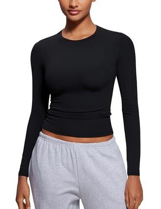 CRZ YOGA Softembrace Chemisier à Manches Longues pour Femmes Col Ras du Cou Hauts Basiques dautomne Noir 36