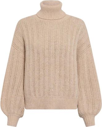 Marc Aurel Femme, Pulls, Beige, Taille: 42 FR Pull &agrave; col roul&eacute; textur&eacute; &agrave; sequins